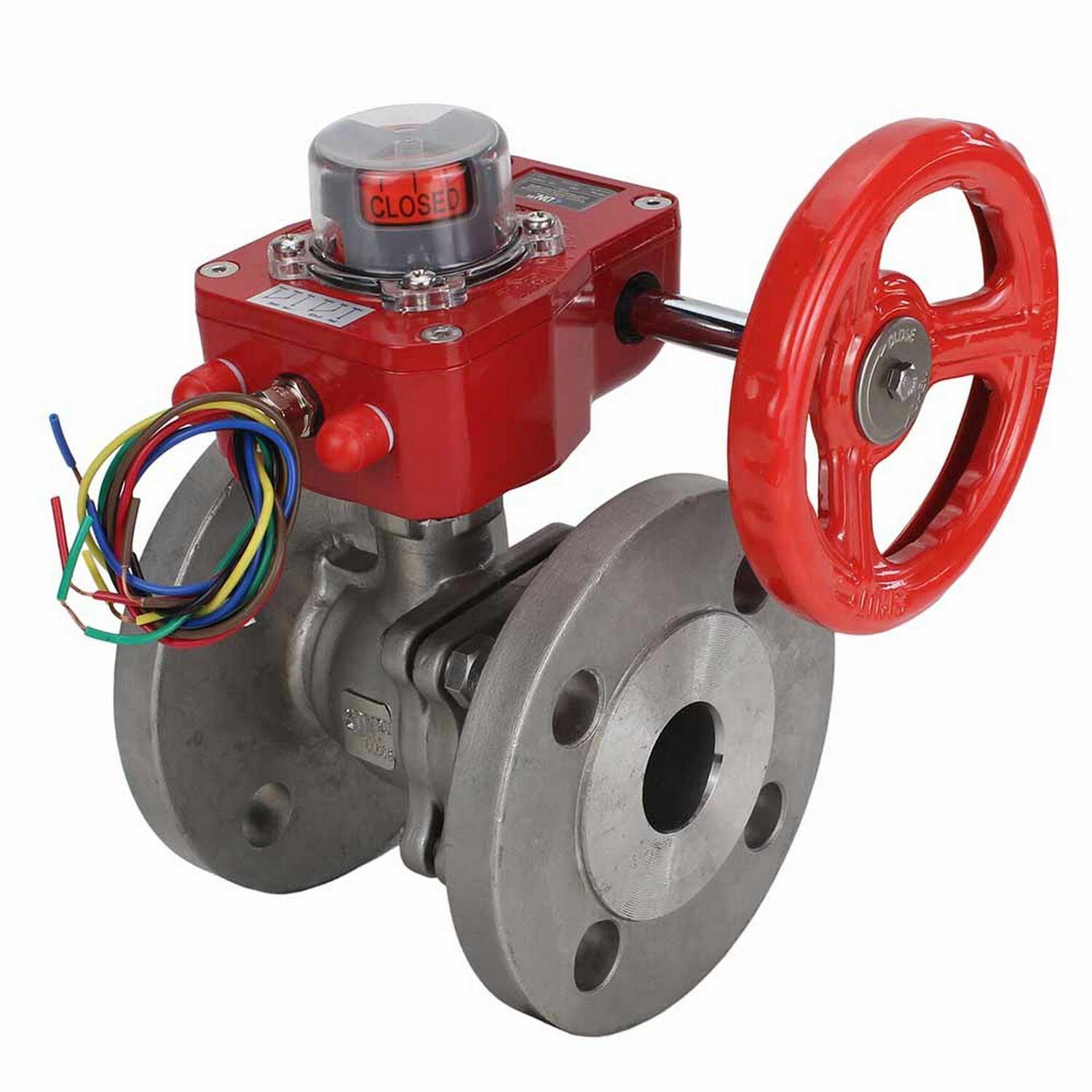 Кран шаровой DN.ru кшфп.316.200 Ду15 Ру40 полнопроходной двухходовой, нержавеющая сталь 316, фланцевый, уплотнение - PTFE, с ISO-фланцем и редуктором DN.ru HGBF-1 с индикатором положения и датчиком обратной связи