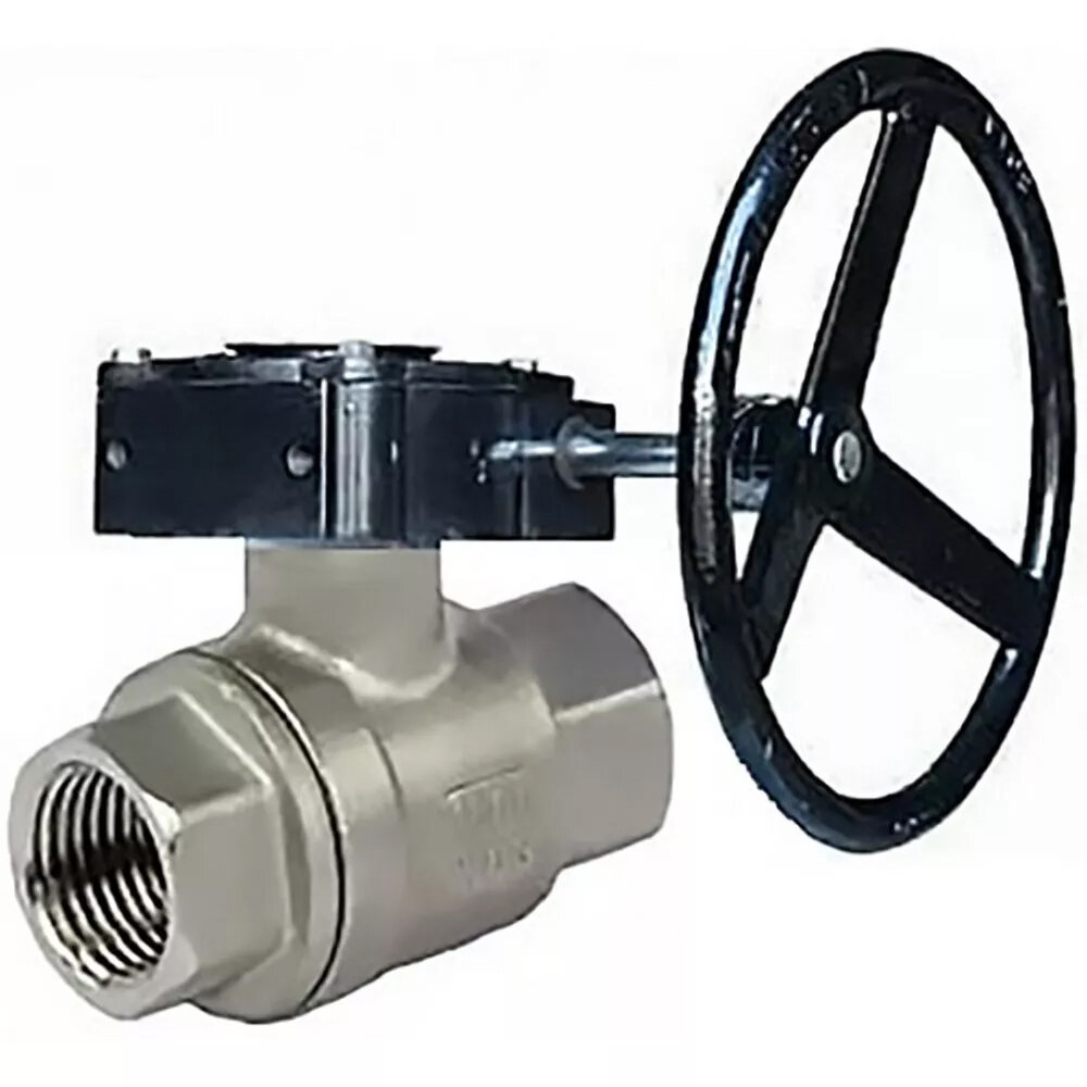 Кран шаровой DN.ru кшмп.316.230-ISO Ду20 Ру63 полнопроходной двухходовой, нержавеющая сталь SS316, внутренняя резьба, уплотнение - PTFE, с редуктором RDN-1