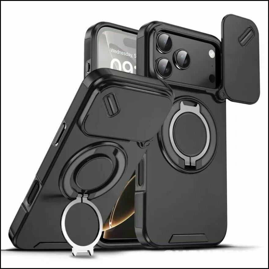 Чехол для iphone 17 Pro Max (Айфон 17 Про Макс) с крышкой камеры и кольцевой подставкой чехол