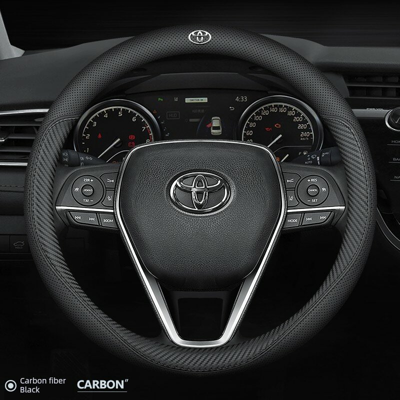 Чехол для руля Toyota Camry, Yaris, RAV4, Mark X в Углеродный Черный, с логотипом