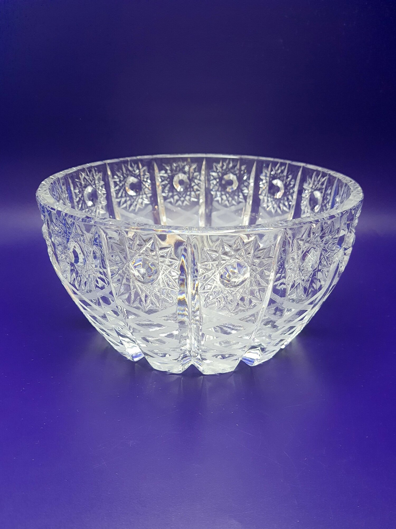 Винтажная хрустальная ваза сервировочная, с резным декором, 20 см, СССР, 70-80е