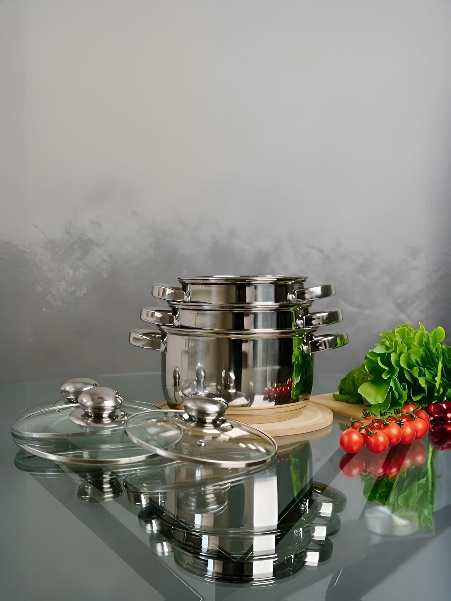 Набор Кастрюль С Крышкой И Толстым Дном Для Кухни и Готовки. Маленьких, Больших Из Нержавеющей Стали С Антипригарным Покрытием Для Газовых, Электрических, Индукционных Плит. Серебристый, 3шт