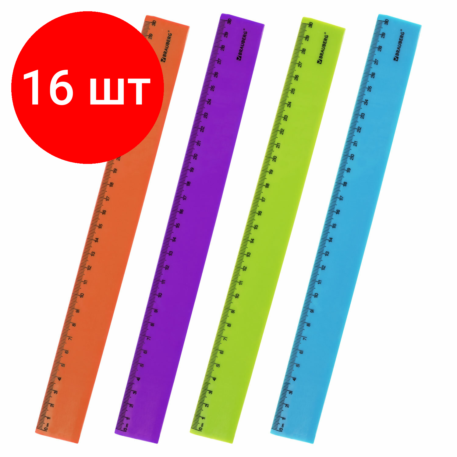 Комплект 16 шт, Линейка пластиковая 30 см BRAUBERG "NEON", непрозрачная, ассорти, 210751