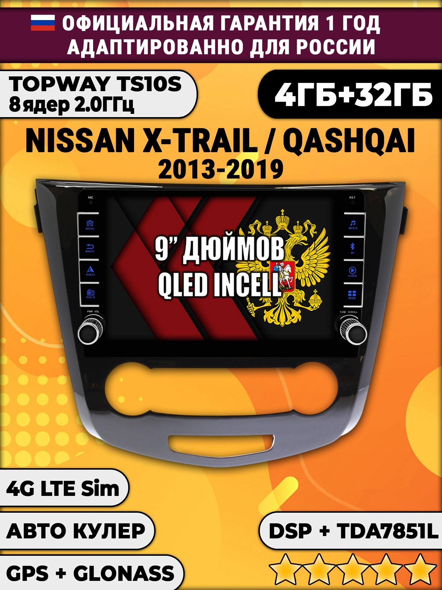 8 ядер TS10S, память 4/32, для NISSAN QASHQAI (2013-2019) / X-TRAIL (2013-2019), Android магнитола, Рамка под кондиционер