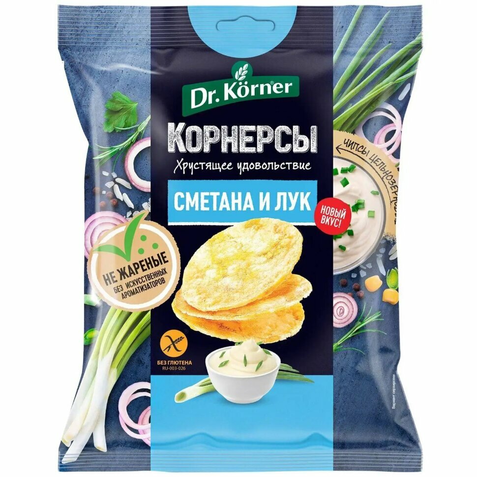 Чипсы Dr.Korner цельноз. кукурузно-рисовые со смет и зел. лук, 50гx14шт/уп, 2385737