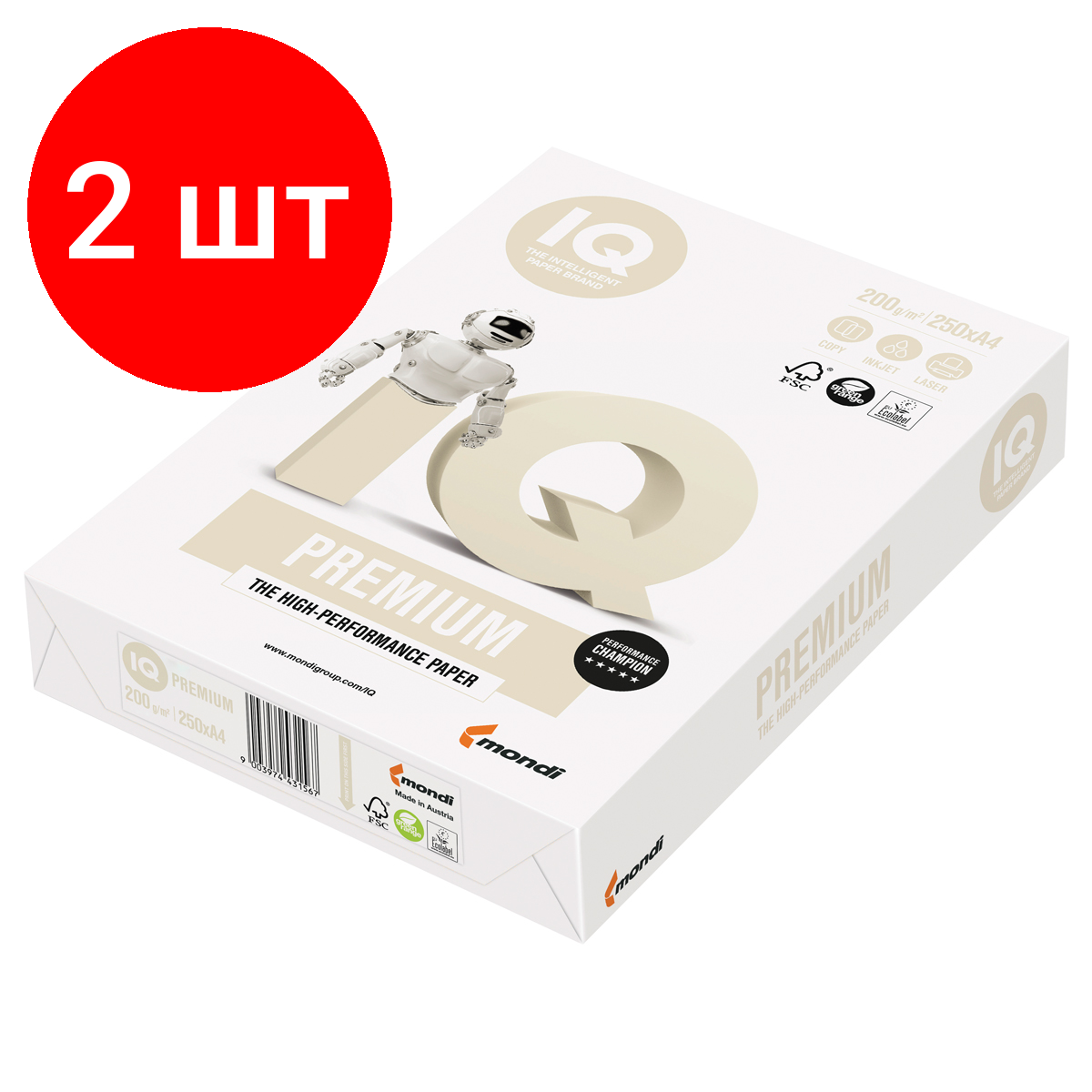 Комплект 2 шт, Бумага IQ "Premium" А4, 200г/м2, 250л, 172%
