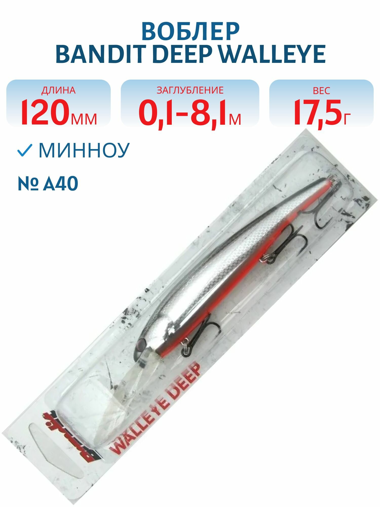 Воблер BANDIT DEEP WALLEYE, 120 мм, 17,5 гр, цвет A40