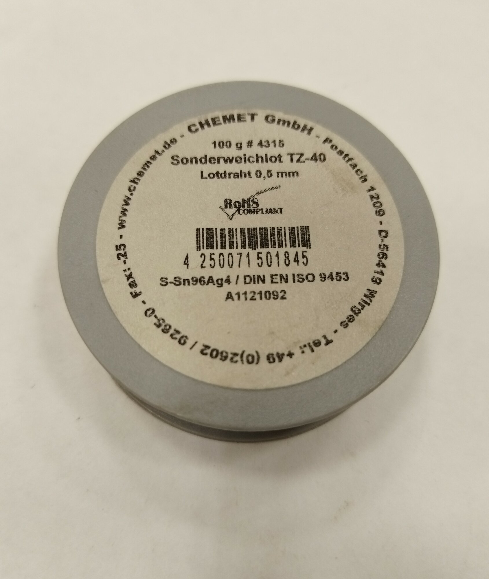 Припой Chemet мягкий A112/TZ-40, диаметр 0,5 мм, на катушках по 100 г, S-Sn96Ag4, A1121092