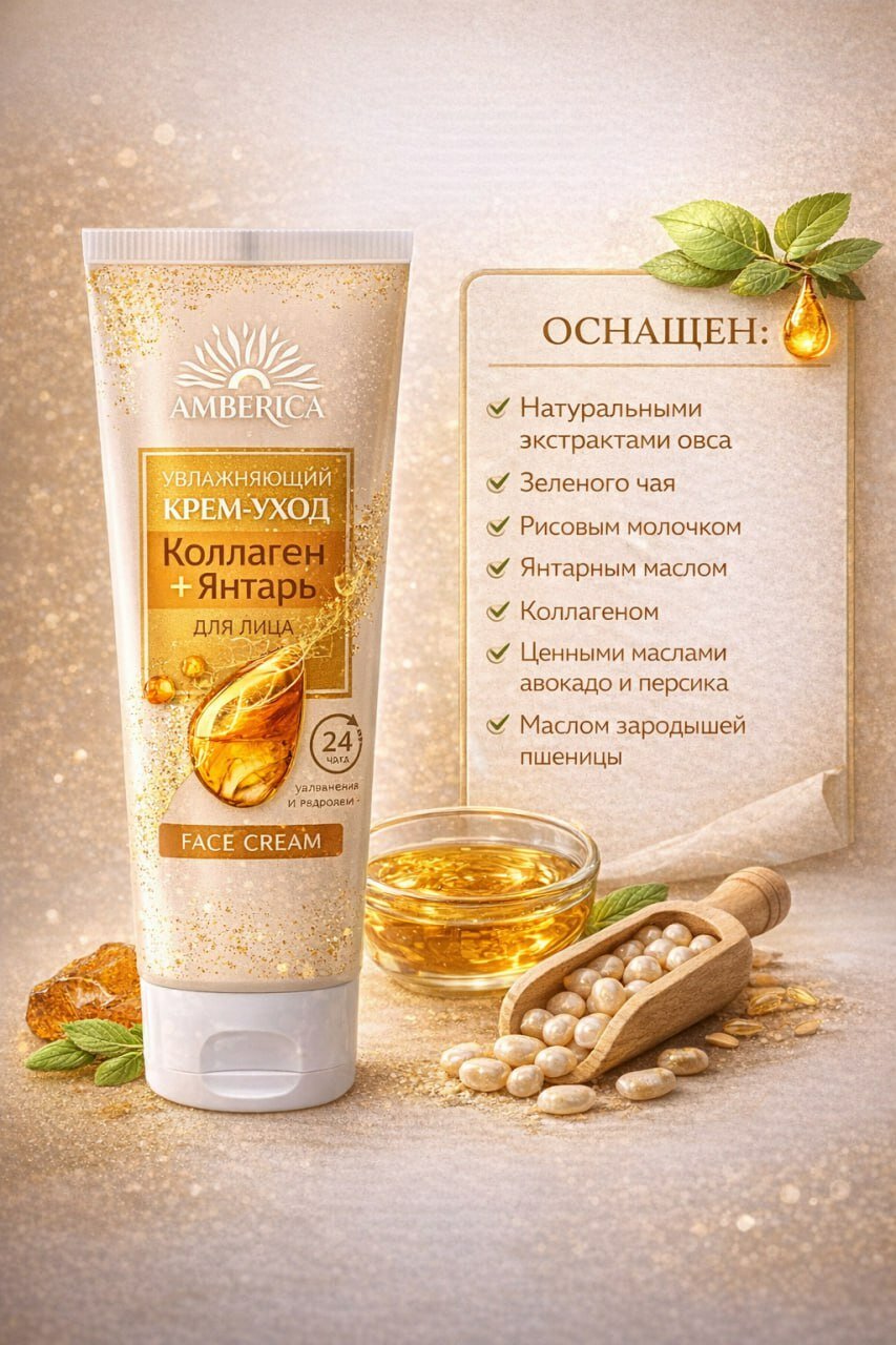 Крем-уход Амберика Коллаген и янтарь, для всех типов кожи, 90мл