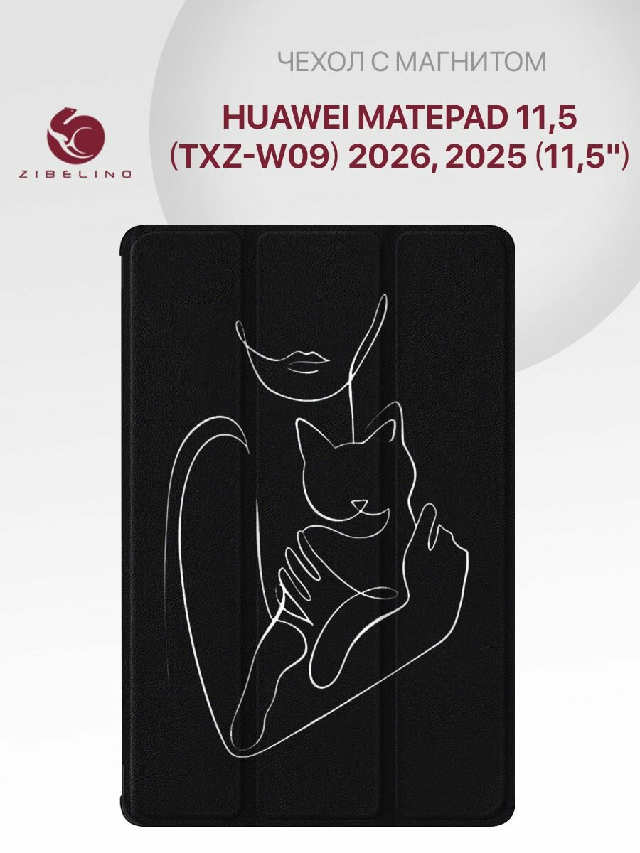 Чехол на Huawei MatePad 11.5 2026, 2025 (TXZ-W09) (11,5") с рисунком, с магнитом, черный с принтом девушка С кошкой