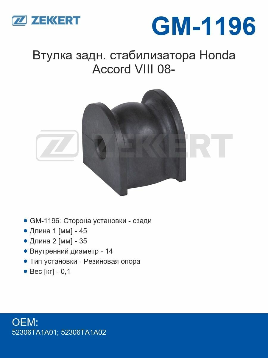 Zekkert Втулка стабилизатора задняя Honda Accord VIII с 2008 года.