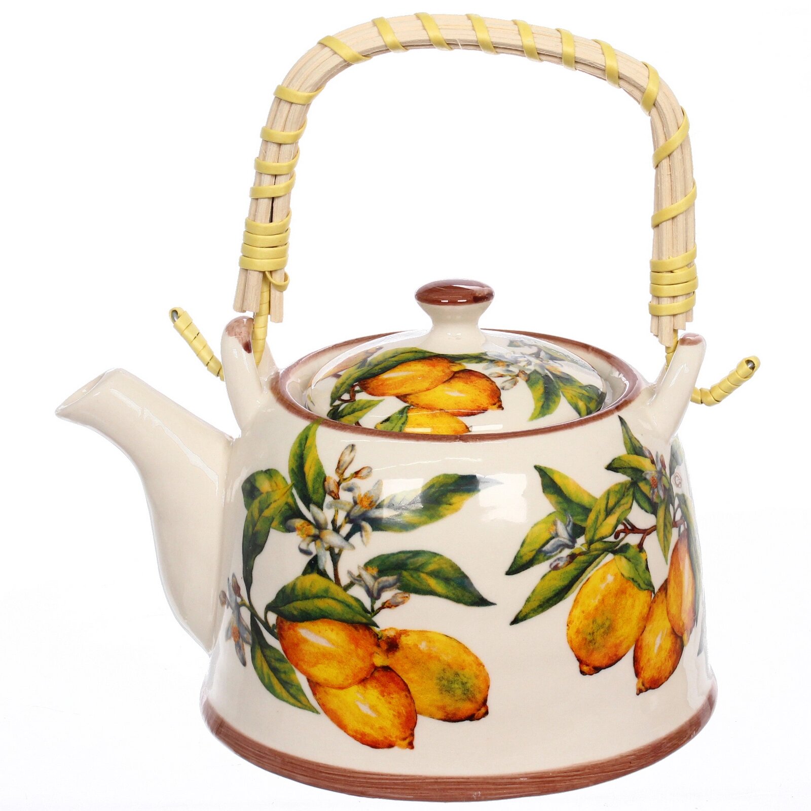 Чайник заварочный керамический 700 мл с ситом «Лимоны», светло-кремовый, с плетеной ручкой