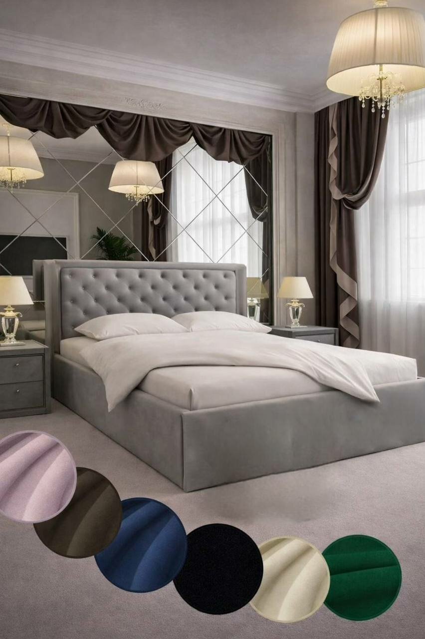 Кровать двуспальная Carriage, 180x200см, мягкая обивка, с подъемным механизмом и ортопедическим основанием, серый, ткань велюр