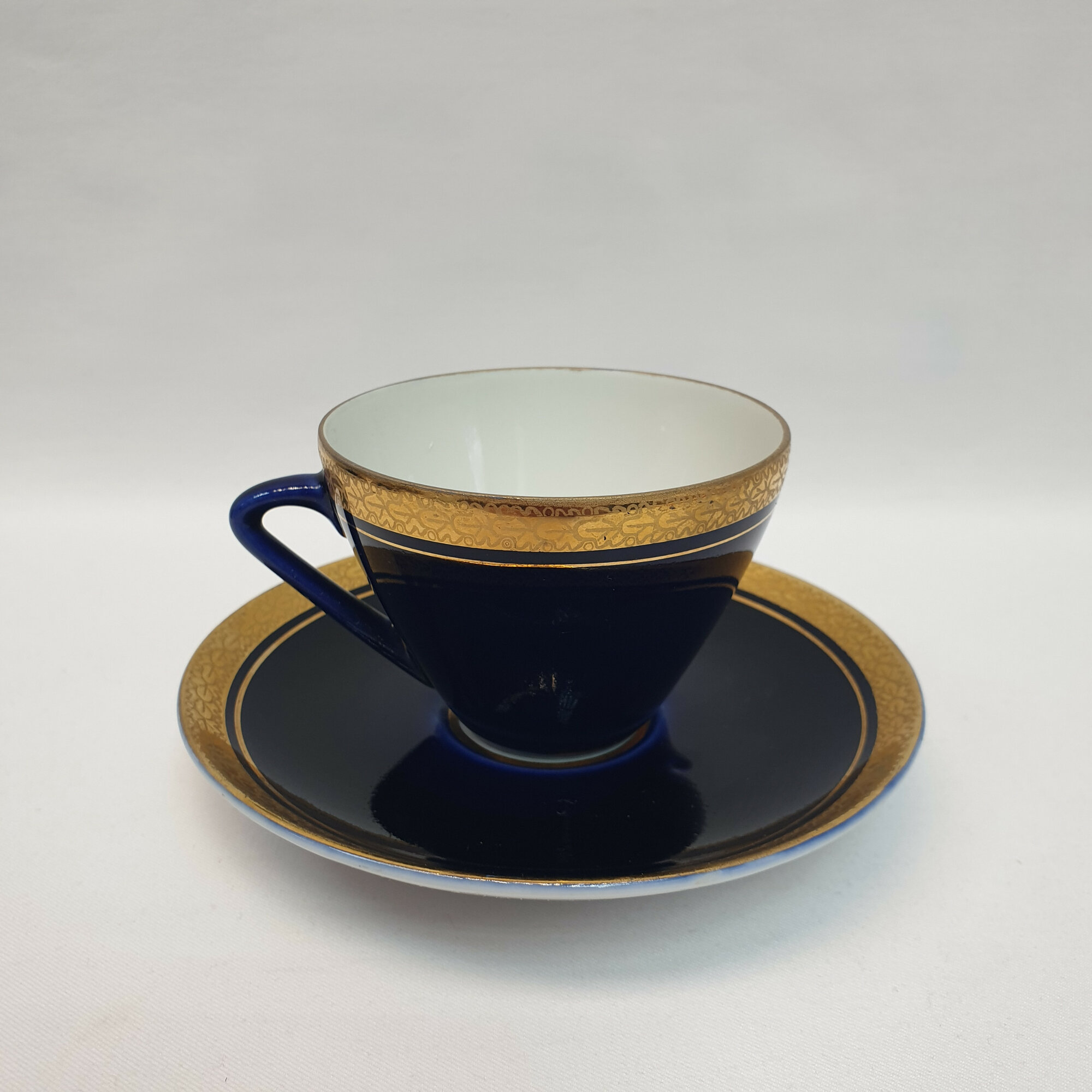 Кофейная пара ЛФЗ, фарфор, кобальтовое крытье, позолота, 150 мл. Винтаж СССР