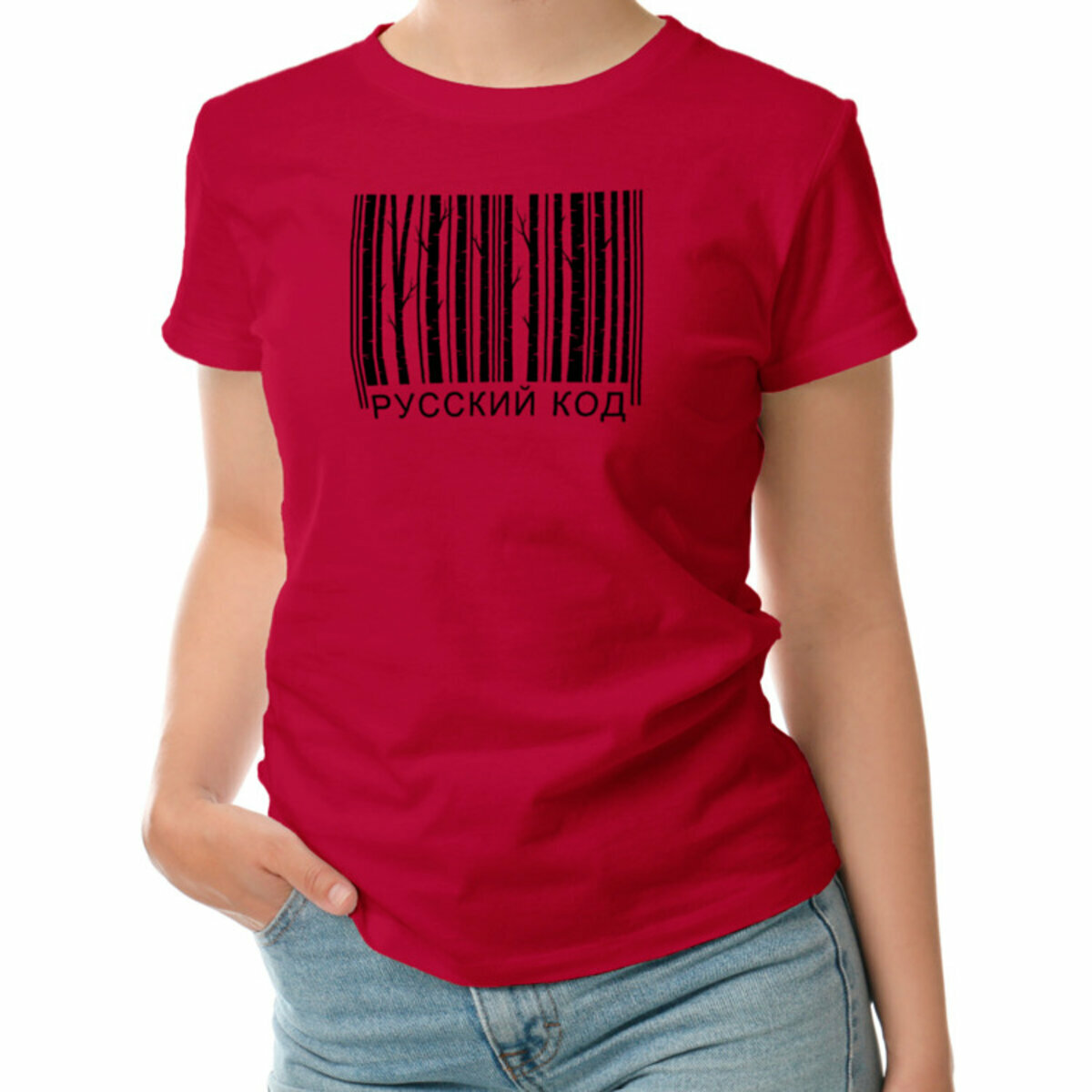 Женская футболка «Русский код патриотическая в русском стиле березки» (красный, M)