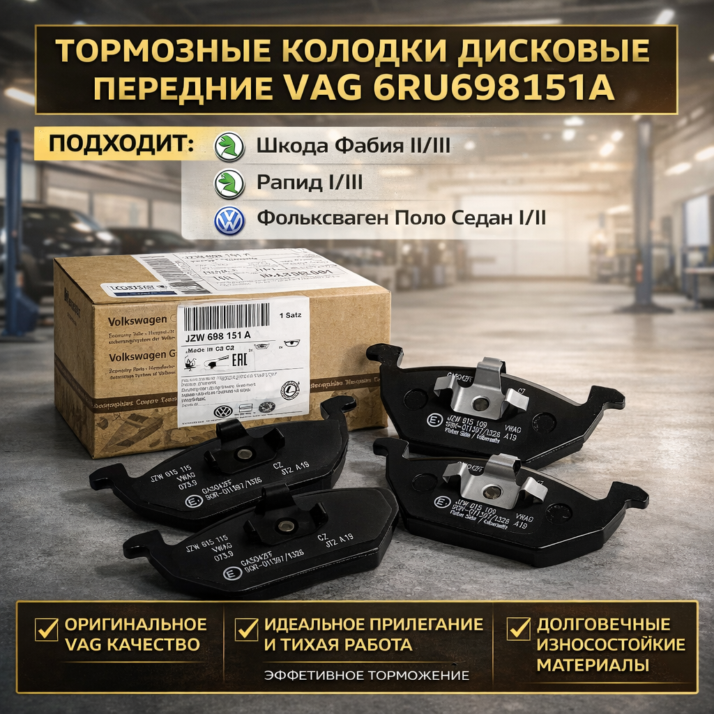 Колодки тормозные дисковые передние VAG 6RU698151A Подходит: Skoda Fabia II/III, Rapid I/II, VW Polo Sedan I/II