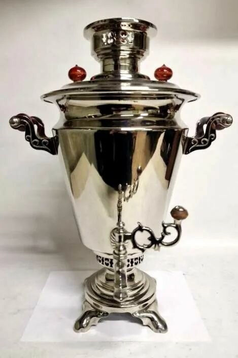 Самовар тульский латунный толстостенный комбинированный (угольный+электрический в одном) 5 литров конус с деревянной фурнитурой.