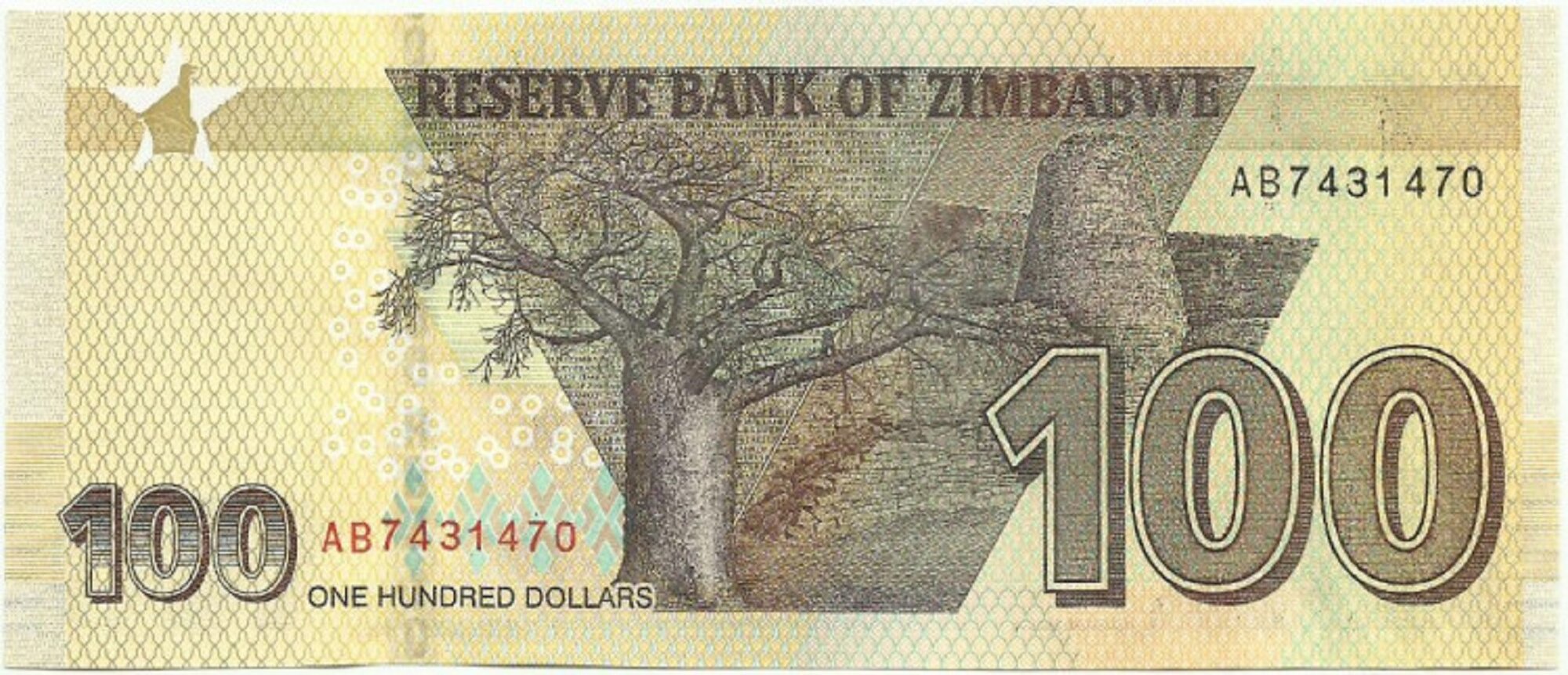 Банкнота номиналом 100 долларов Зимбабве 2020-2023 годов. Состояние UNC. P-W106 (40740)