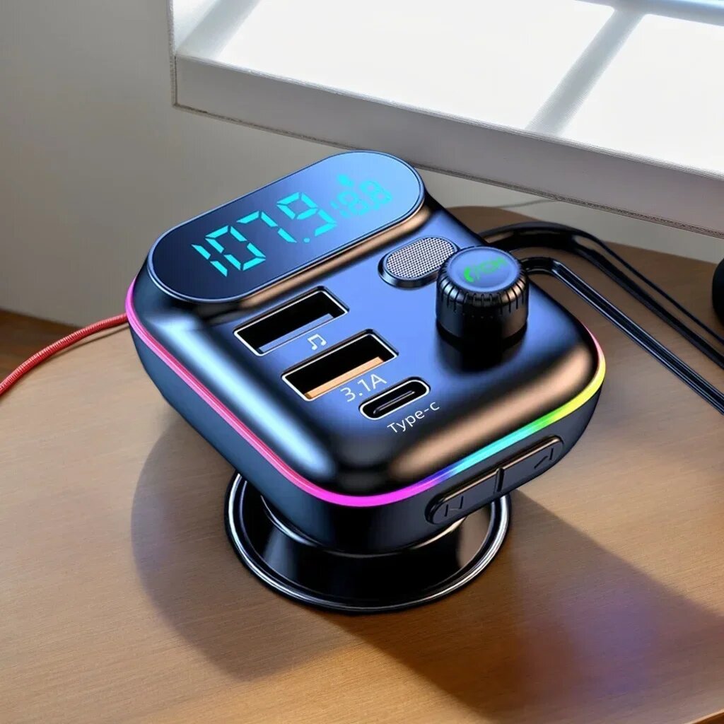Автомобильное Зарядное Устройство QC3.0 И PD 25W С Двумя Портами, USB Type-C, FM-трансмиттером, Bluetooth 5.0