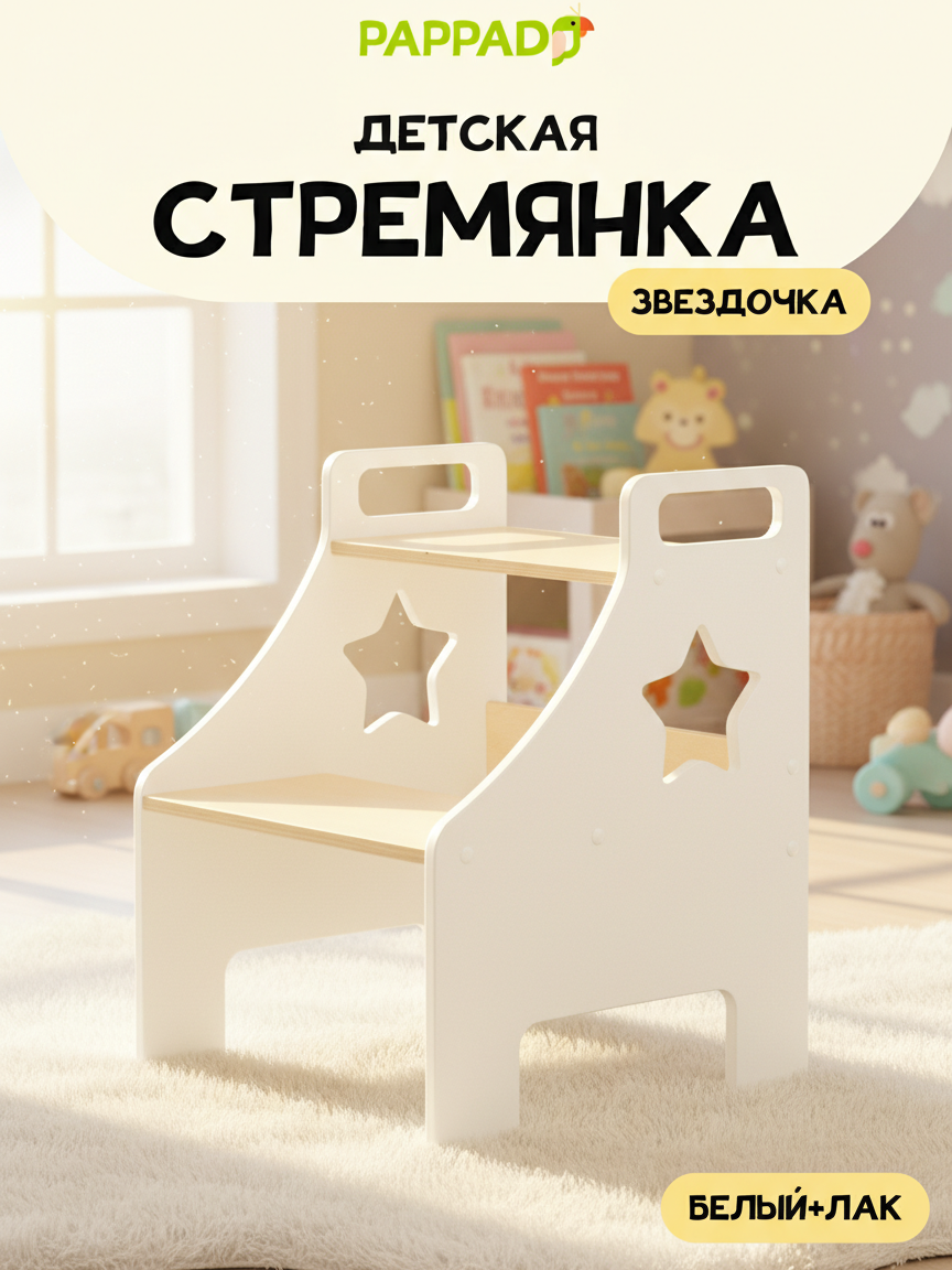 Детская стремянка "звёздочка" от "Pappado", с ручками, цвет белый + лак, нагрузка до 70 кг