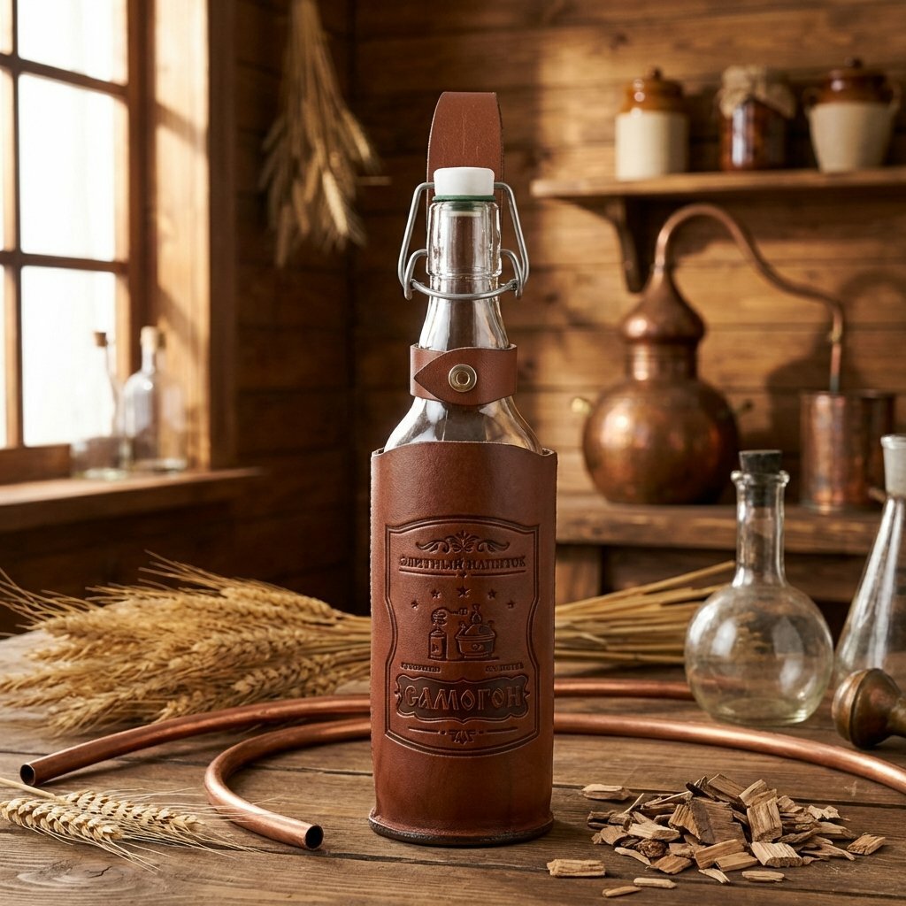 Бутыль «Самогон» 0,5 л. стеклянная в чехле из натуральной кожи СК.32. Т. Самогон