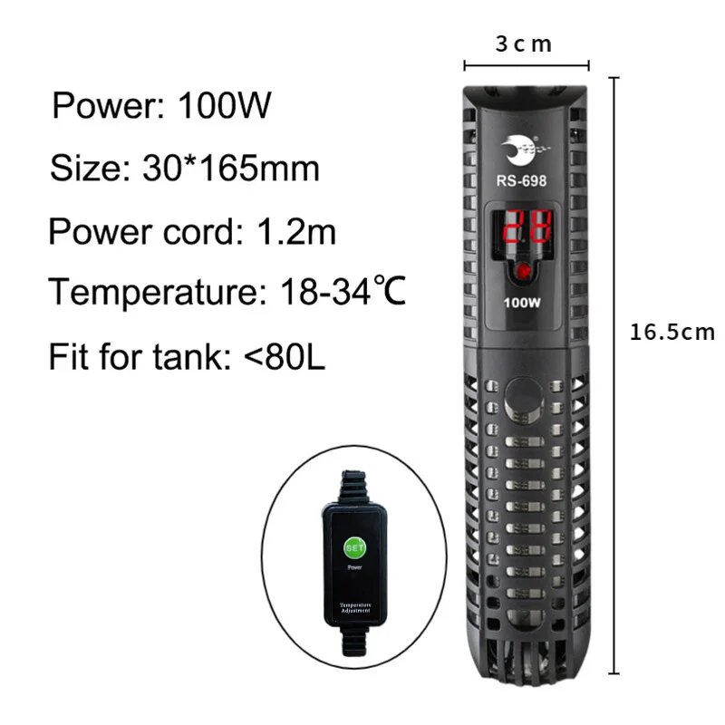 Погружной нагреватель для аквариума 100W, 30*165мм, до 80л
