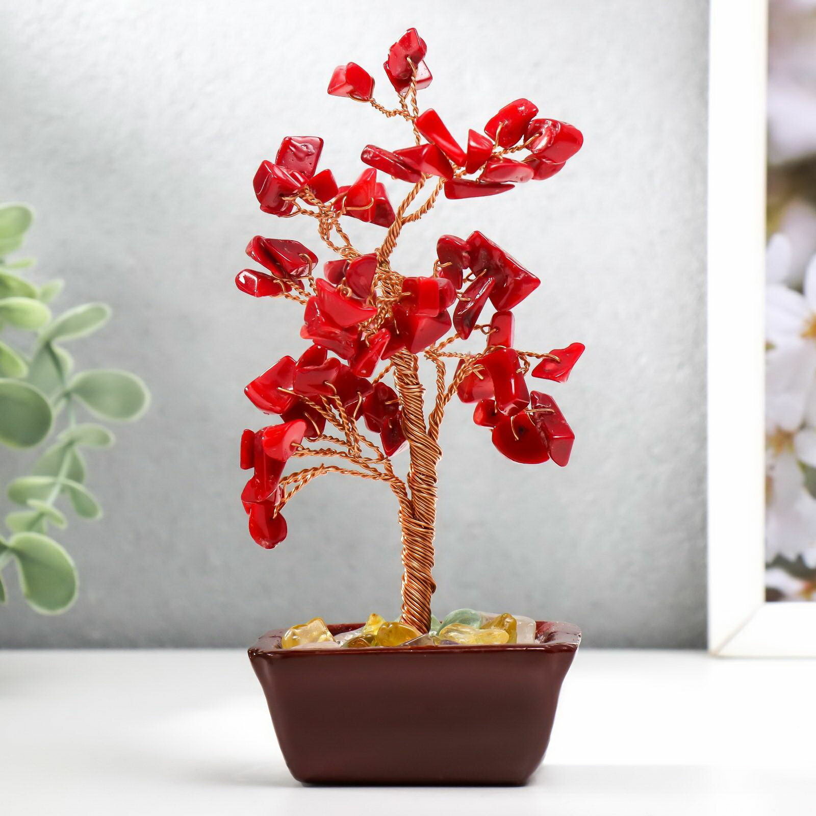 Бонсай декоративный 60 камней "Денежное дерево с рубинами", 13x7x5 см