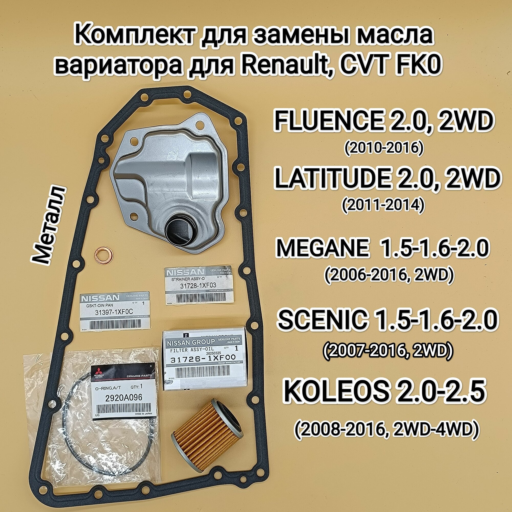 Оригинальный комплект фильтров и прокладок для вариатора Renault FK0/FK8, Япония.