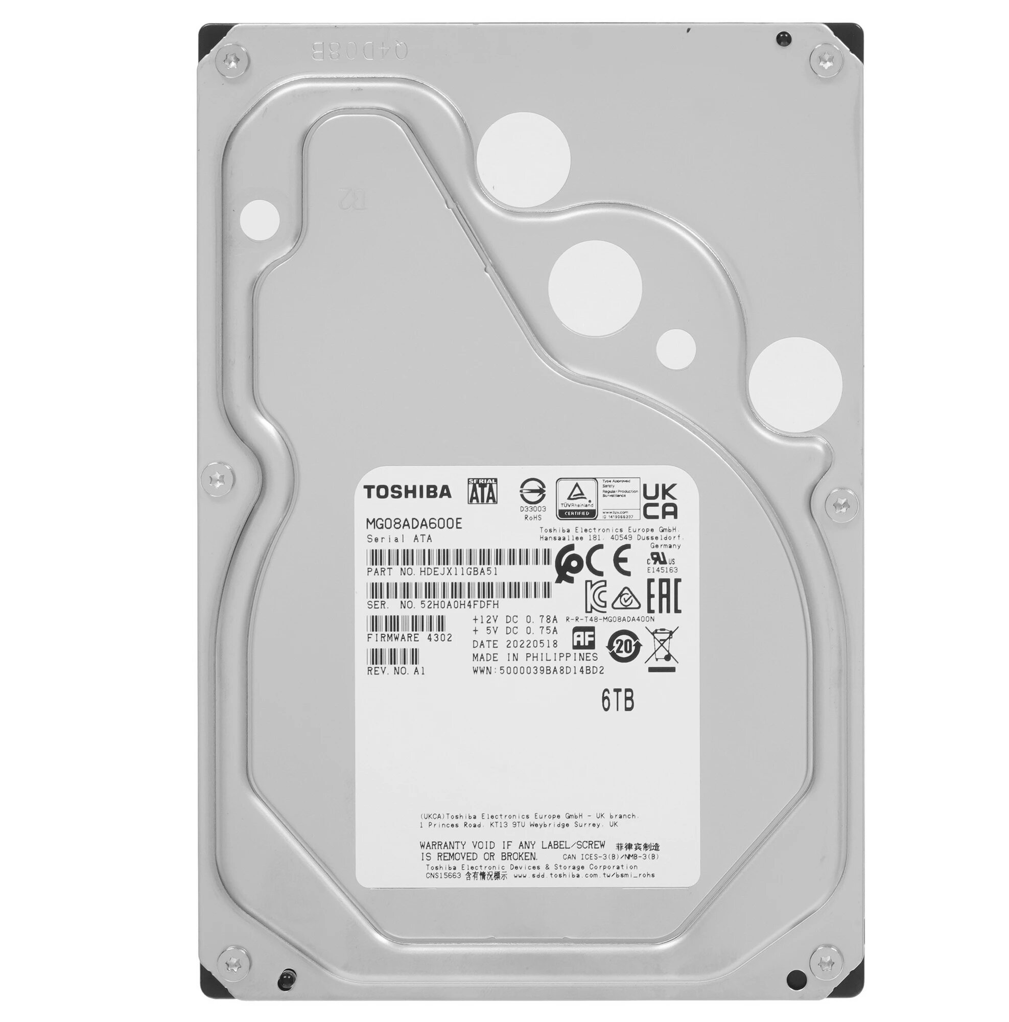 Жесткий диск HDD 6.0Tb Toshiba, SATA-III, 256Mb, 7200rpm, MG08 Enterprise (MG08ADA600E)