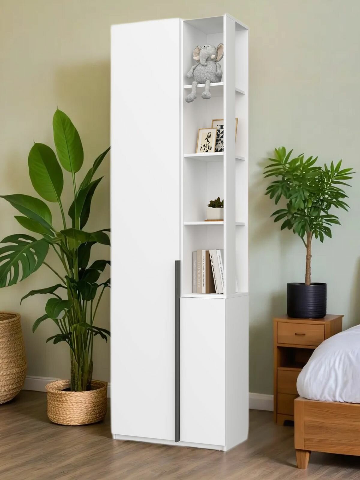 Распашной шкаф стеллаж для одежды и хранения вещей Чарли 5.2 левый с полками, 65х35х220.5 см, белое сияние