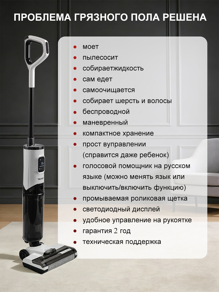 Моющий пылесос Tinton Life, вертикальный, аккумуляторный, время работы 60 мин — фото 1