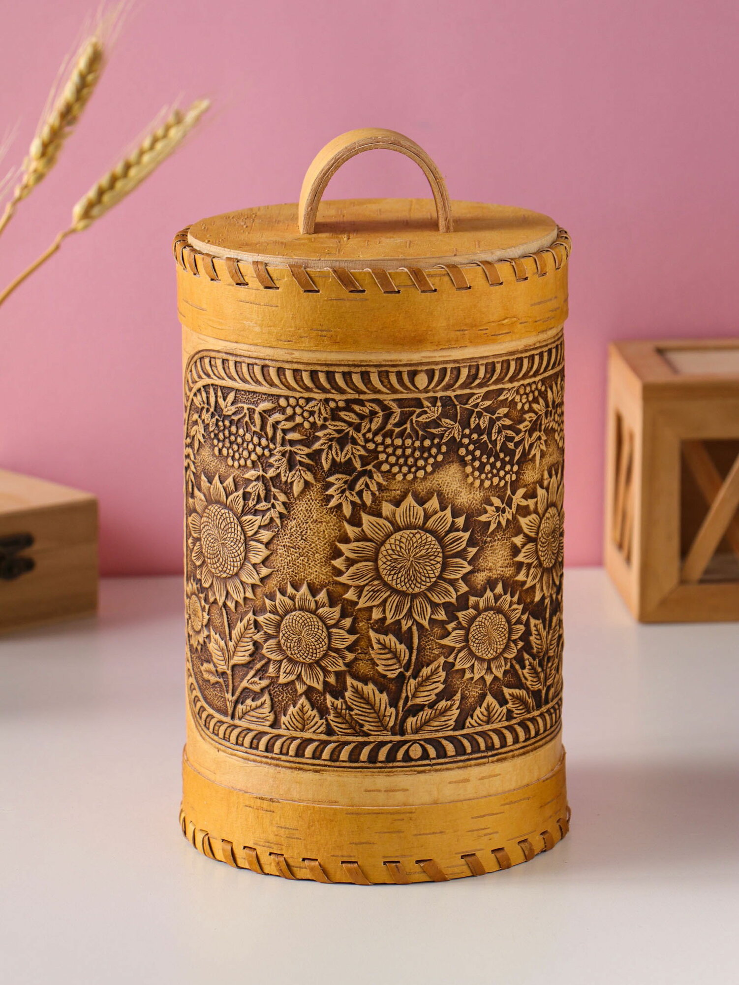 Туес "Подсолнухи", банка для хранения, 12x17 см, береста, материал крышки: дерево