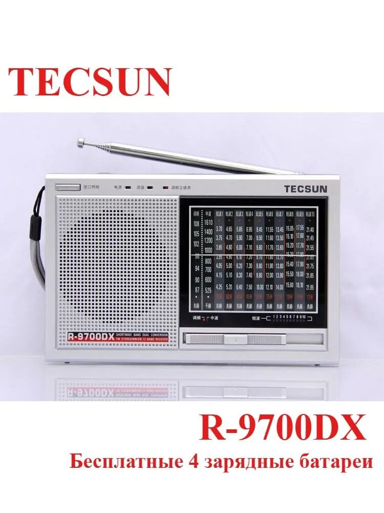 Магнитола Tecsun radio R-9700DX портативная многодиапазонная радиостанция вторичного преобразования для пожилых людей, 2 Вт, серебристый