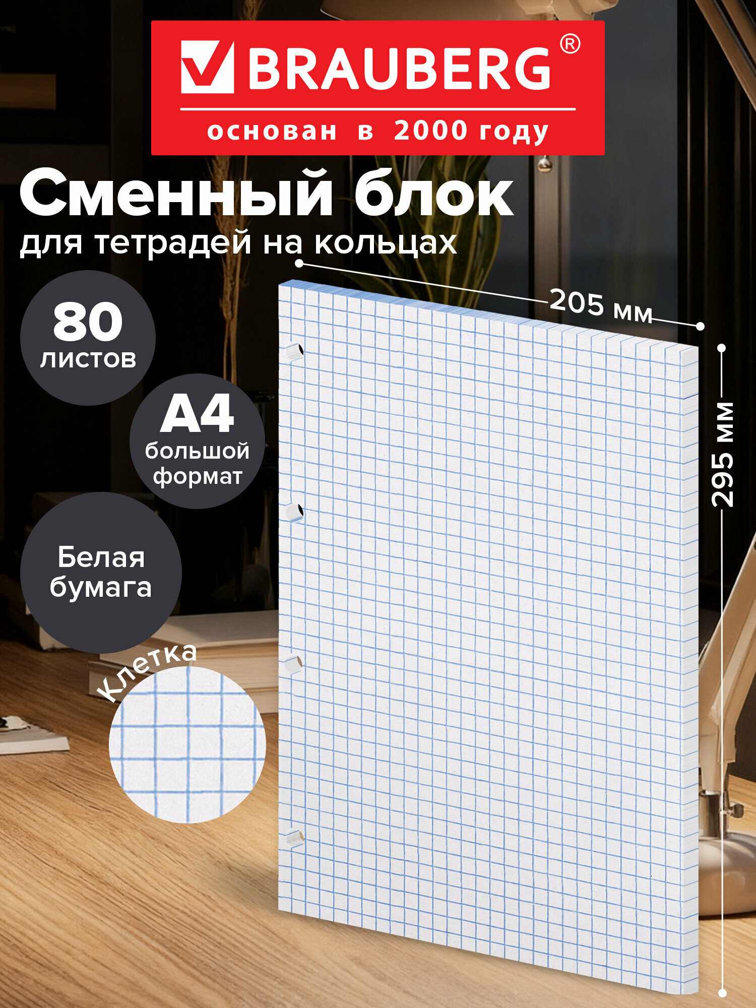 Сменный блок/листы для тетрадей на 4 кольцах формата А4 80 листов, Brauberg, белые, 403262