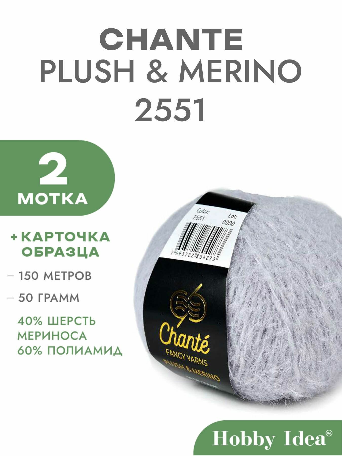 Пряжа Chante Plush & Merino 2551 Светло-серый 2 мотка (Нитки пушистые Шантэ Плюш и Мерино)