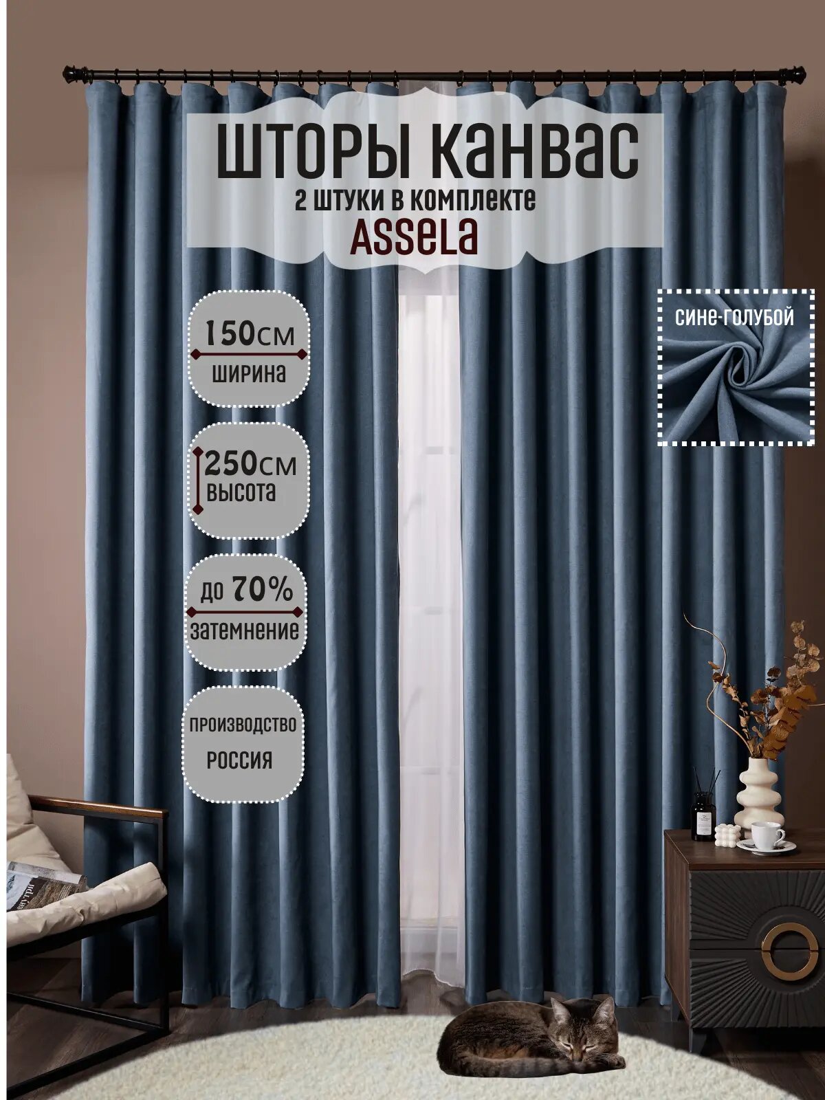 Шторы комплект 2 шт, 150x250 см, из канваса, сине-голубые, плотные