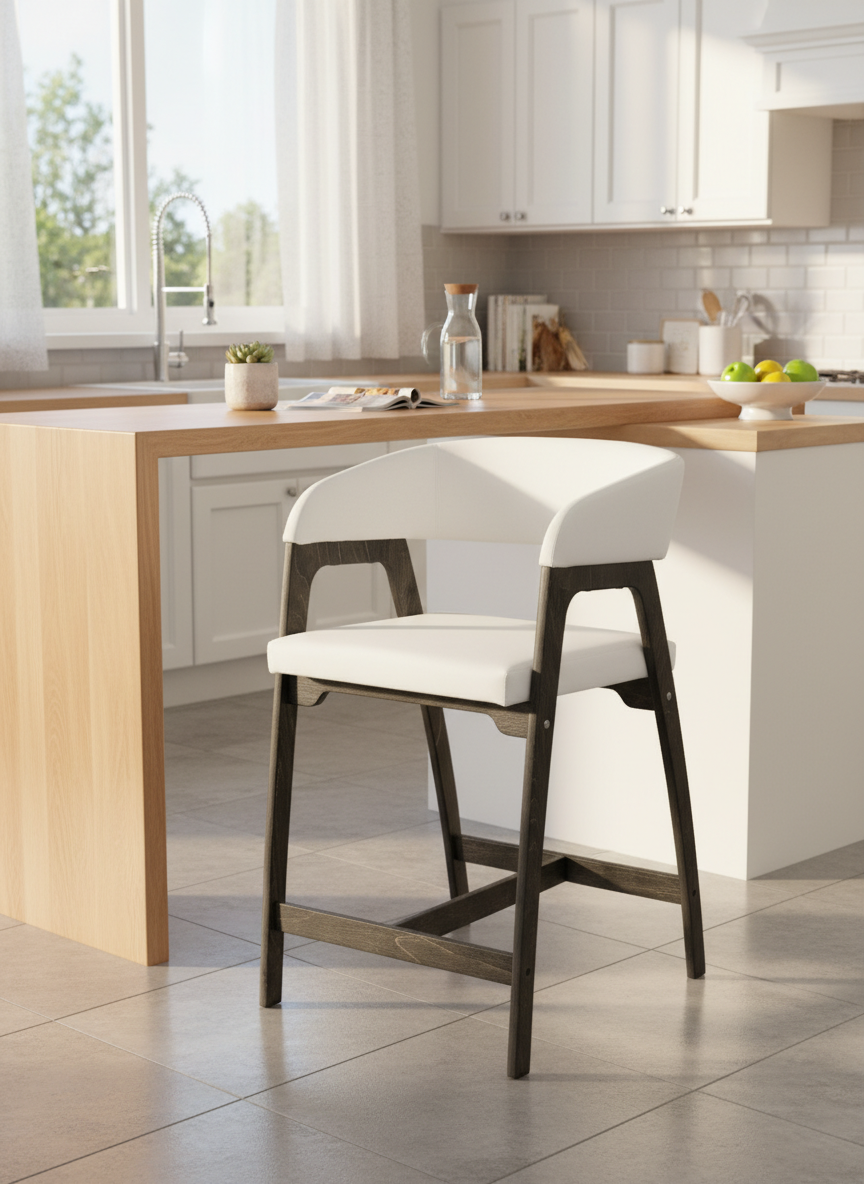 Полубарный стул мягкая посадка с подлокотниками и с мягкой спинкой, белый шенилл + темные ножки 54х58х93 см