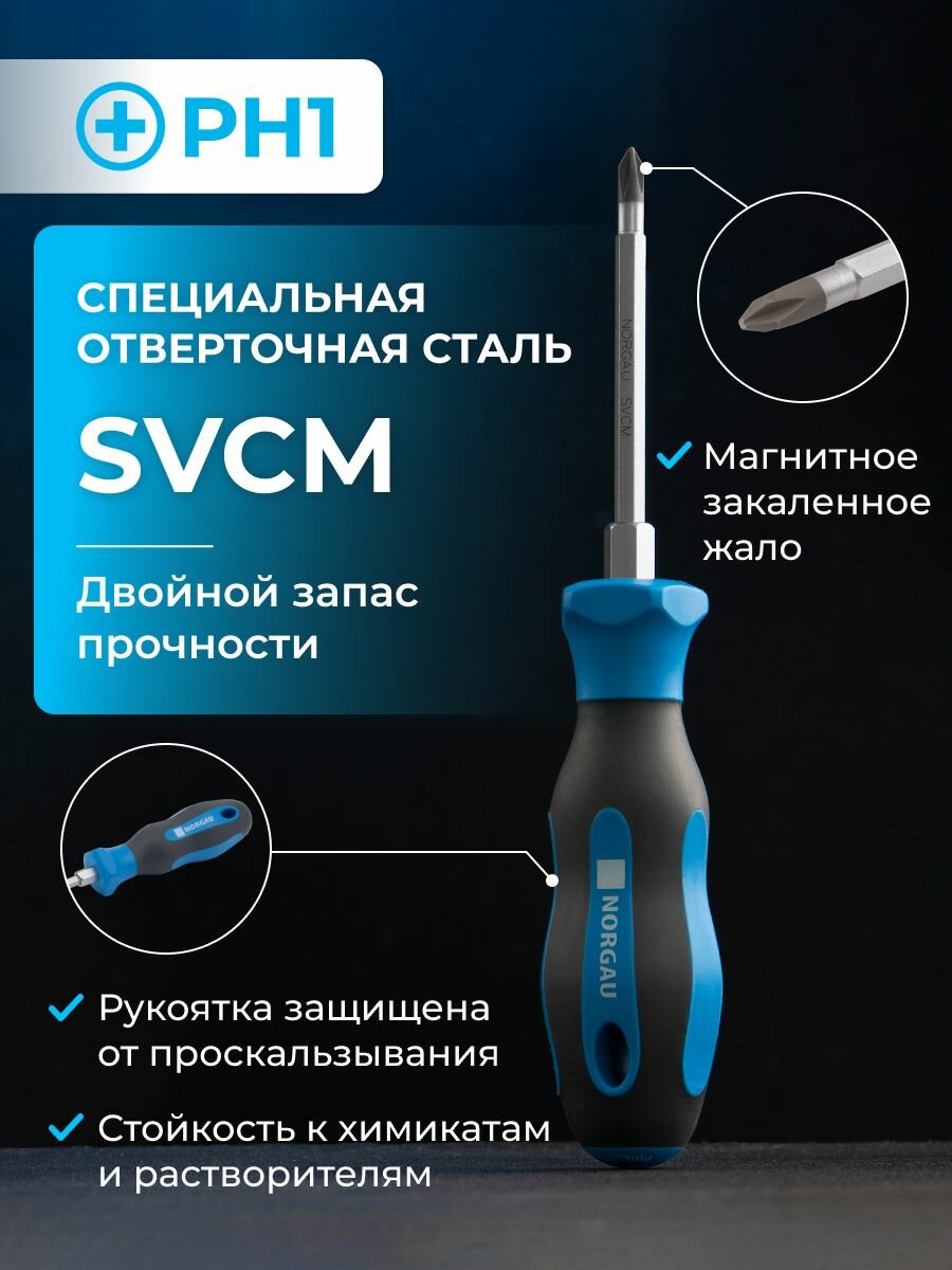 Отвертка крестовая усиленная NORGAU Industrial из стали SVCM с двухкомпонентной рукояткой и шестигранником на жале PH1