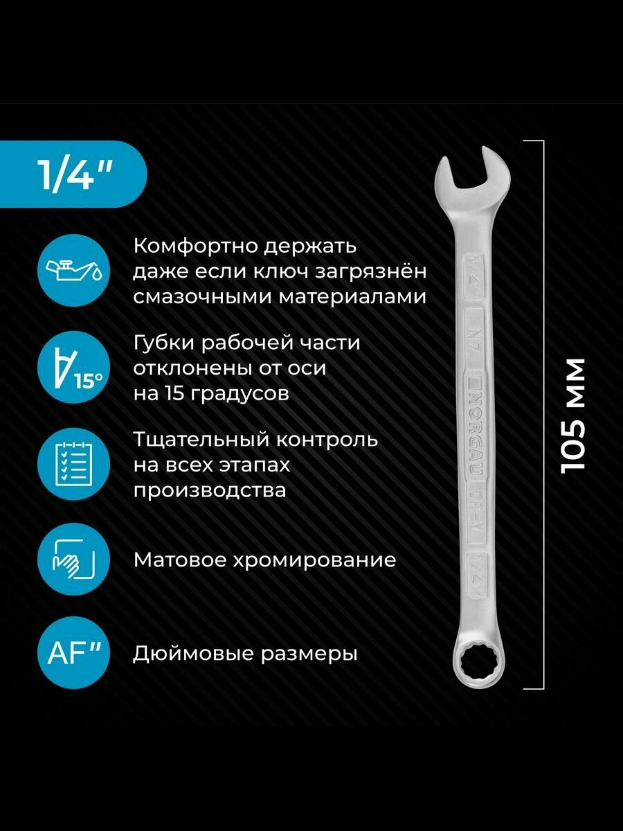 Гаечный ключ NORGAU Industrial дюймовый 1/4, комбинированный рожковый и накидной профиль, HРM High precision machining, 105 мм