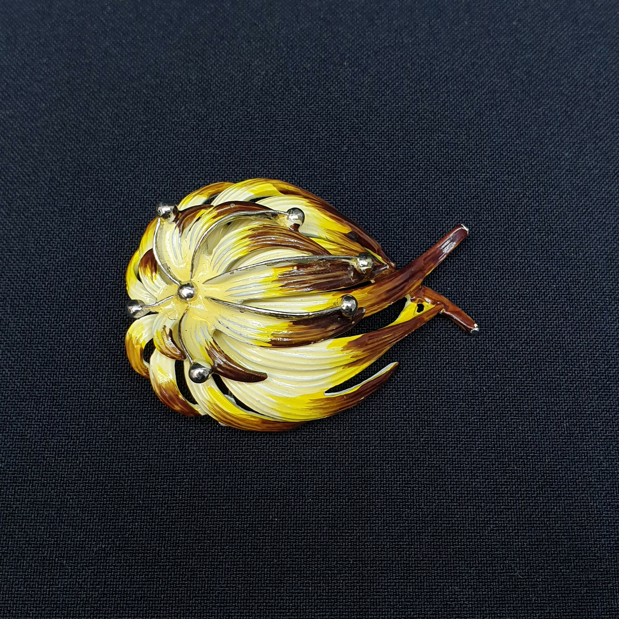 Винтажная брошь лист осенний эмаль жёлто коричневая украшение редкость СССР