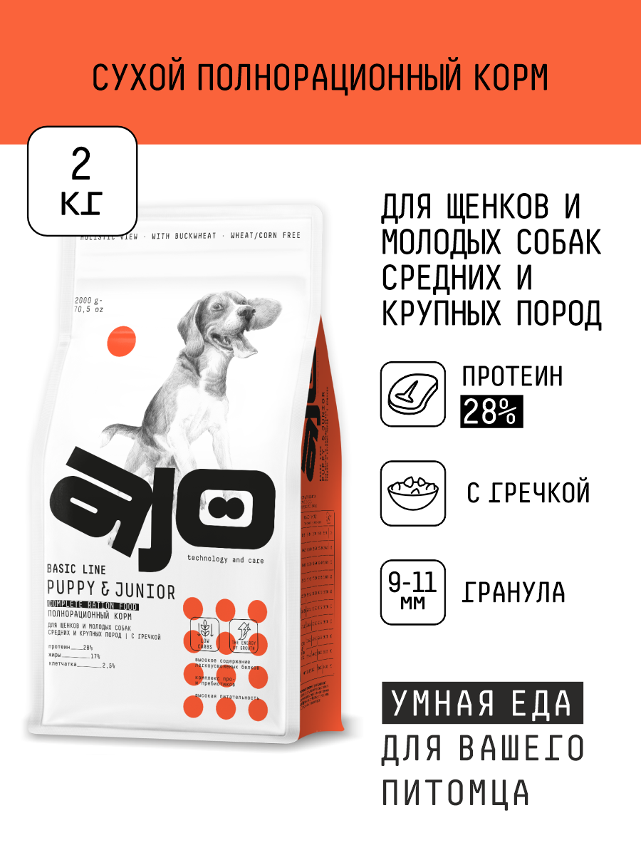 AJO Dog PUPPY JUNIOR 2 кг сухой полнорационный корм для щенков и молодых собак средних и крупных пород индейка с гречкой