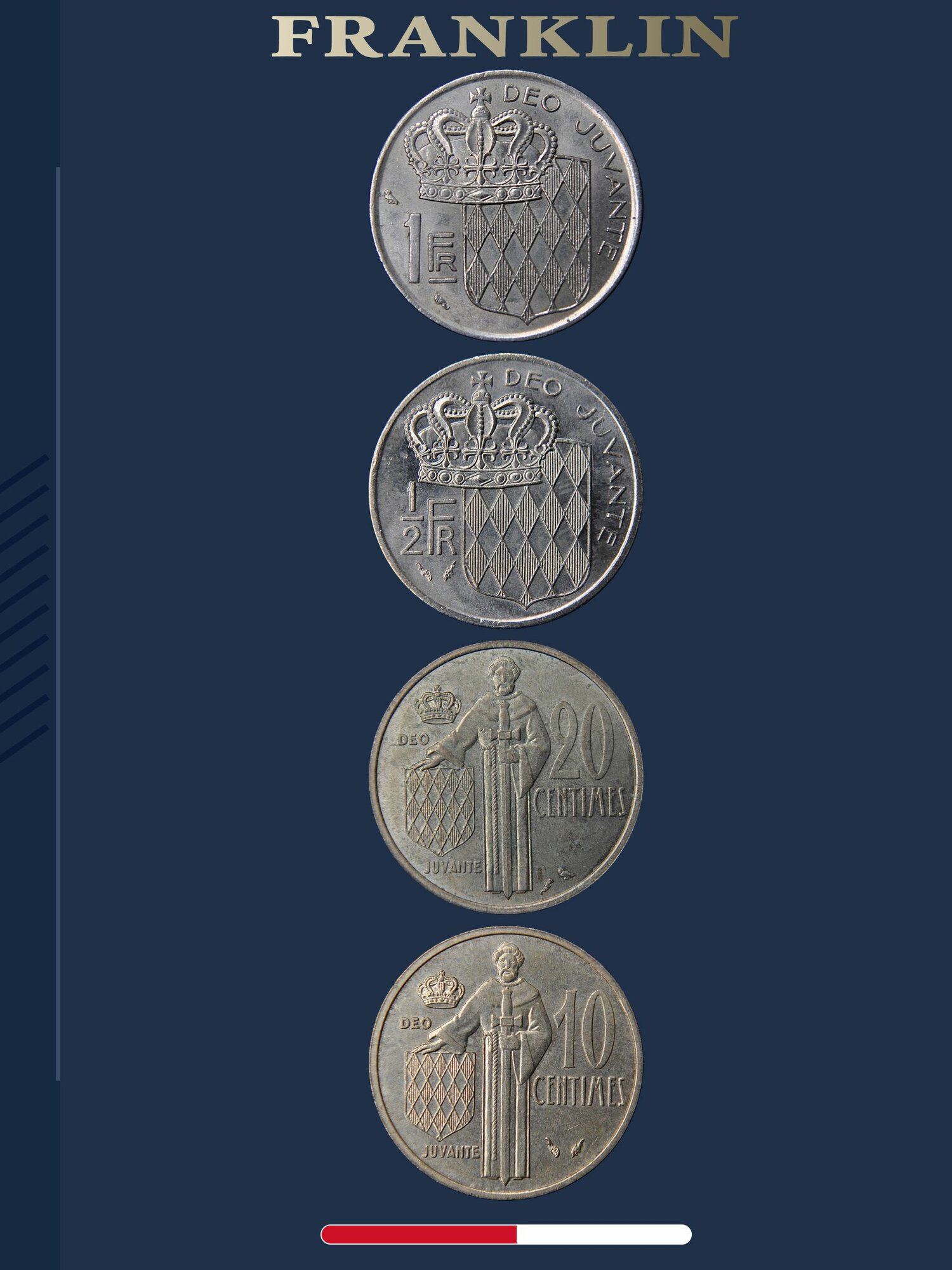 Набор монет Монако 1 франк 1974, 1/2 франка 1977, 20 сентимов 1974, 10 сентимов 1976 год. Ренье III
