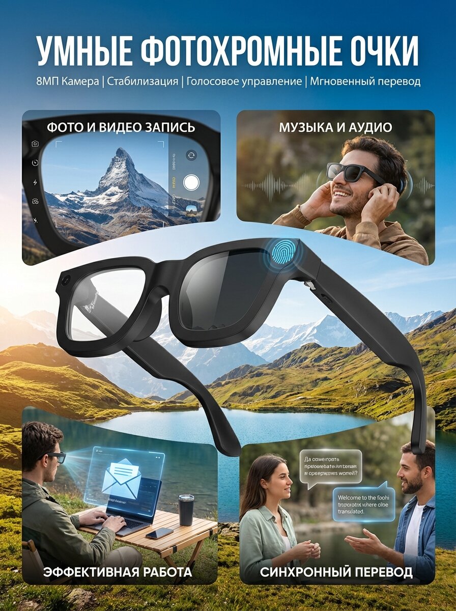 Умные очки Smart, с камерой, с шумоподавлением, беспроводные, складные, в серебристом цвете