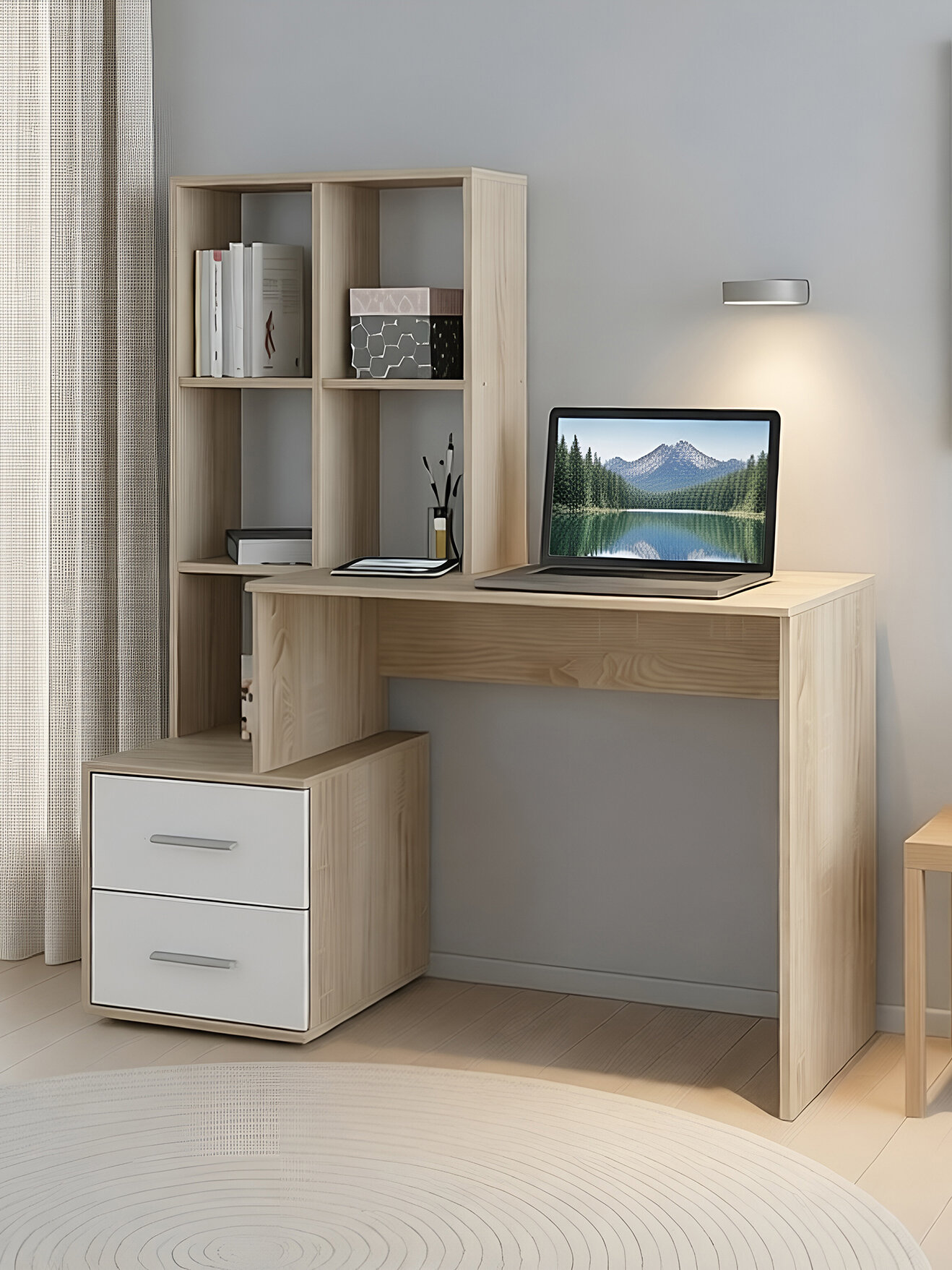 Стол компьютерный, письменный столплит Мамбо СБ-2998 со стеллажом, с тумбой, с ящиками, кдсп Дуб Сонома/Белый, 120*143*50 см