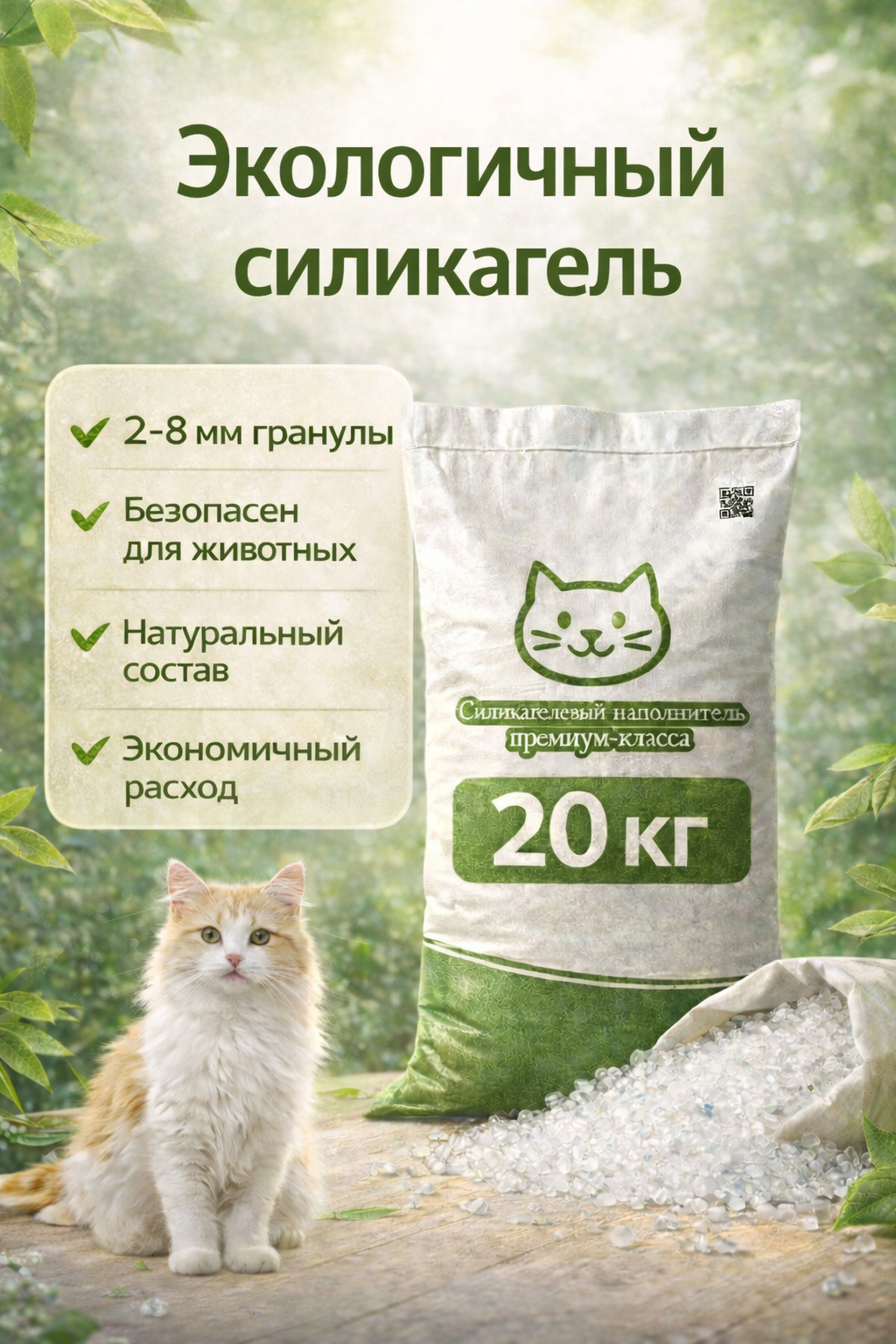 Наполнитель для кошачьего туалета Силикагель, гипоаллергенный, 20кг, белый