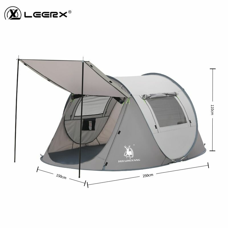 Палатка 2-местная LeerX с навесом, серая, 250×150×110 см, для походов и отдыха на природе, HLV LINGYANG