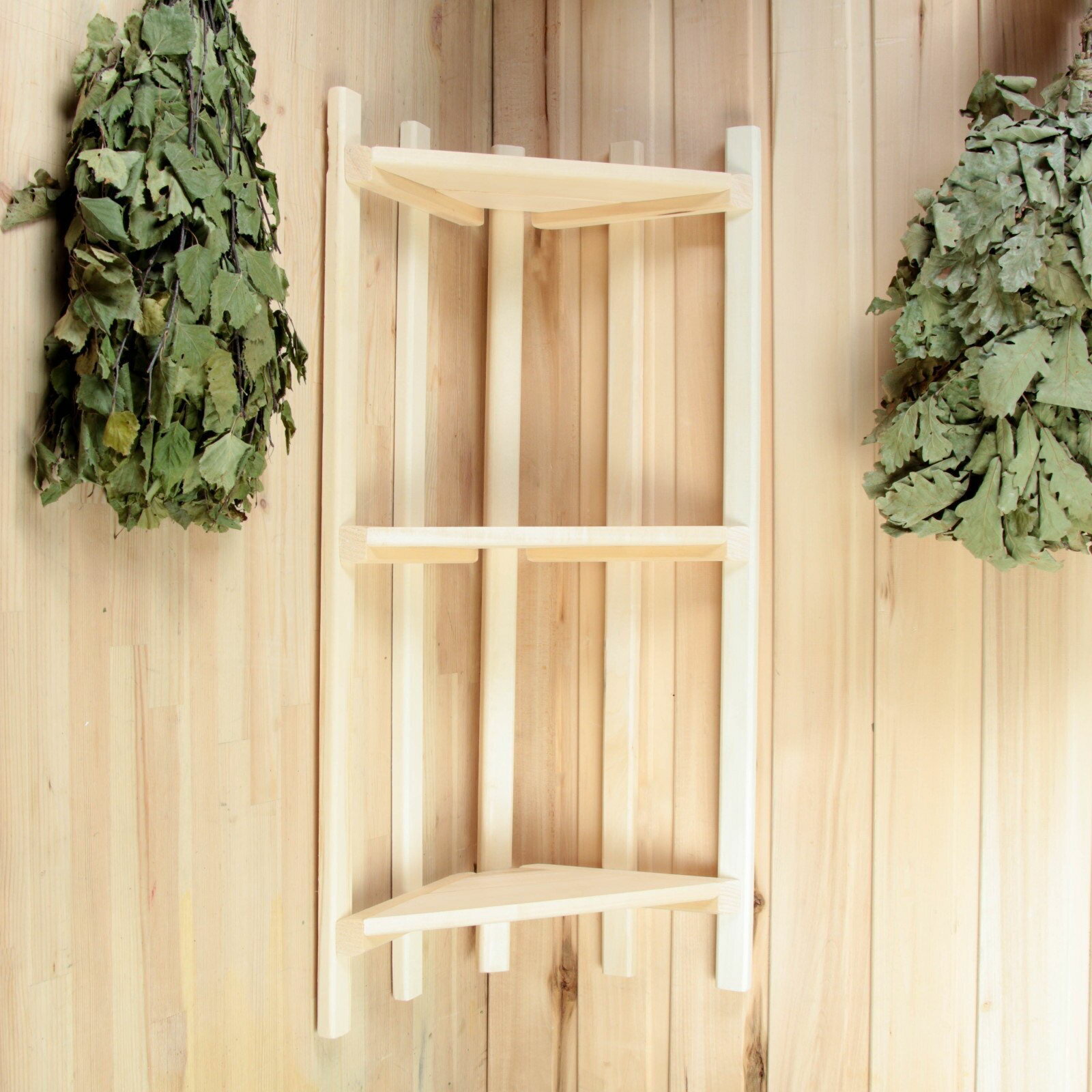 Полка для бани и сауны, 75x38x16 см, угловая, липа, 3 яруса, вид: полка