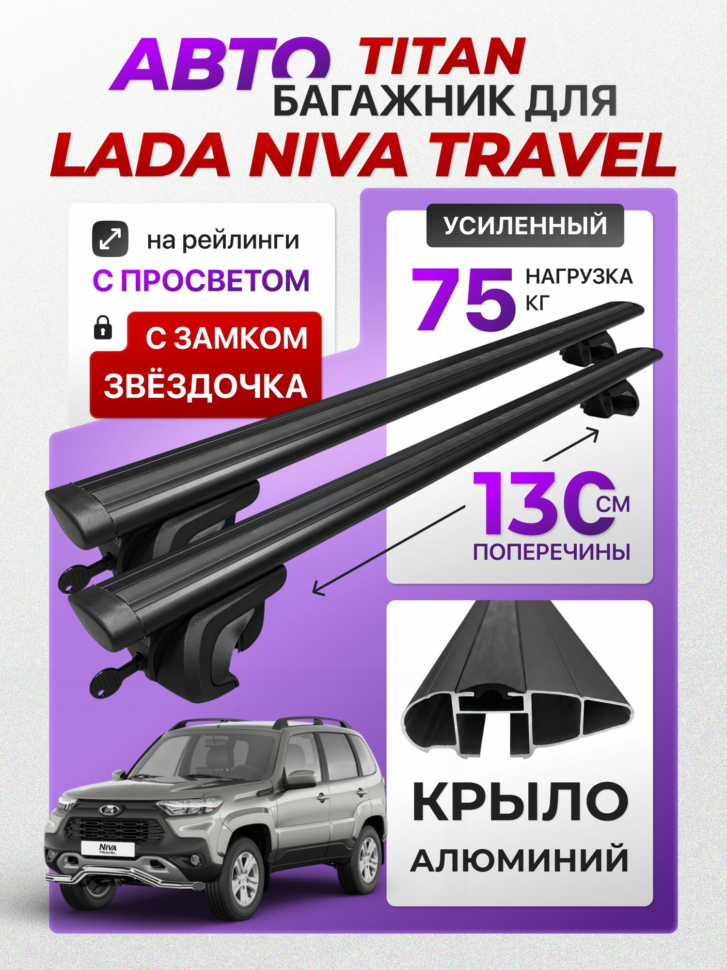 Багажник для Lada Niva Travel (Нива Тревел), Titan-130 крыло Black, на рейлинги с просветом, (поперечины и упоры)