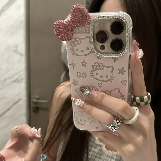 Новый очаровательный чехол Y2K Hello Kitty для iPhone 15, с рисунком из розовых мультяшных стразов, также совместим с iPhone 16/14/12/13/11, противоскользящий защитный чехол, отличный подарок для девочек.