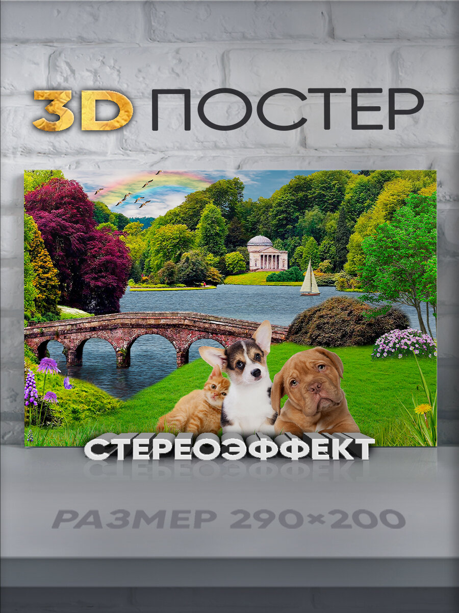 Стереопостер с 3D-эффектом "Щенки и котенок в парке"